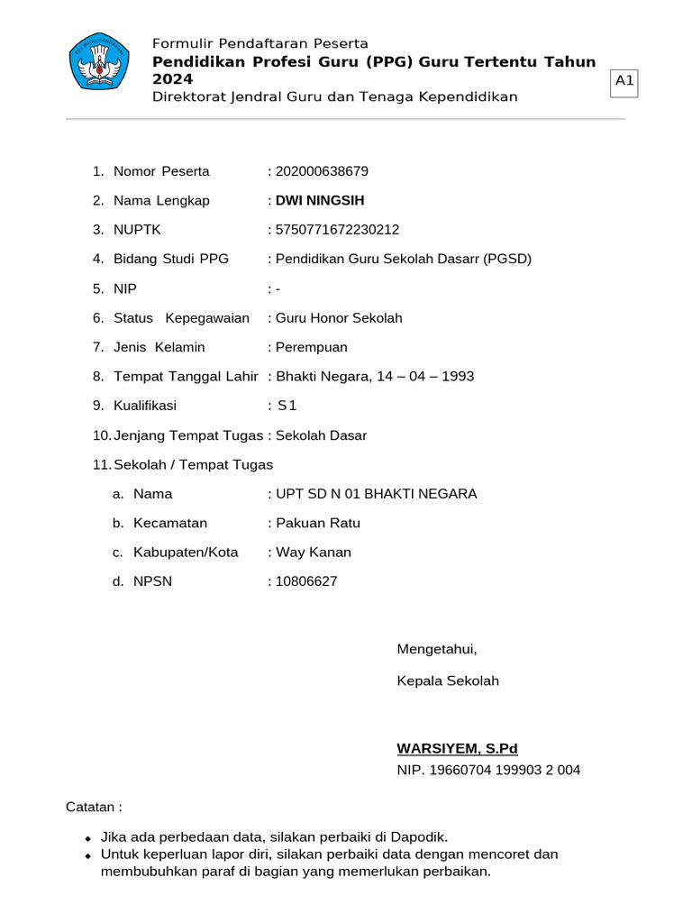 Format A1 Pendaftaran PPG 2024 | PDF