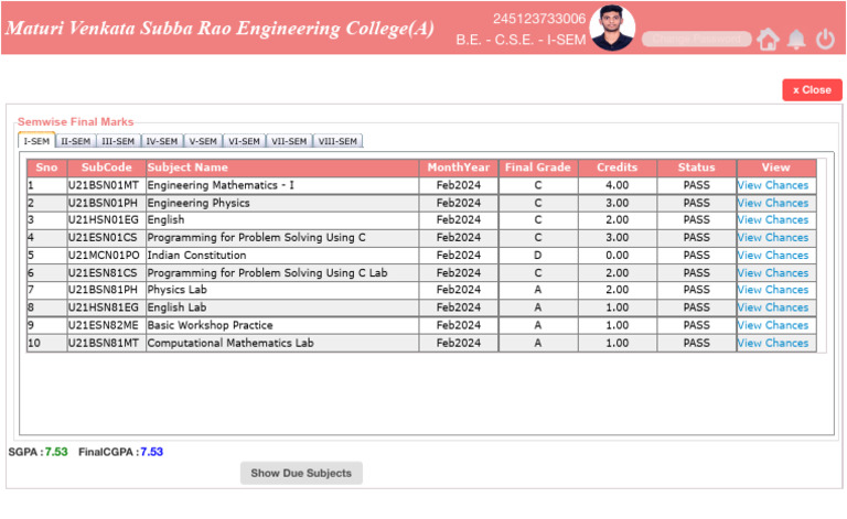 Results - Mvsrec.edu - InSTUDENTLOGINFrm SemwiseStudMarks - Aspx | PDF