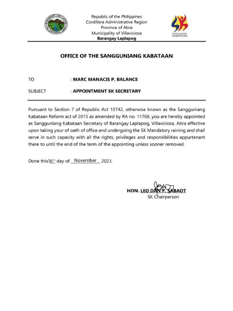 Appointment Papers of SK Secretary and Treasurer 202311 1 1 1 | PDF