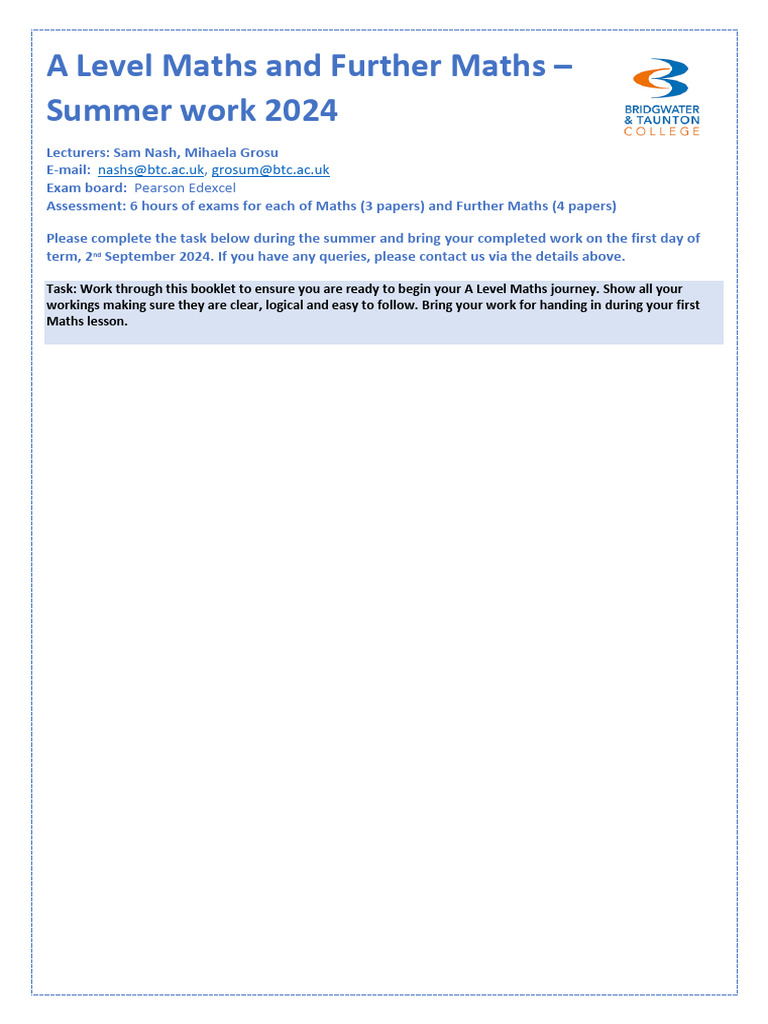 A Level Maths Summer Work 2024 | PDF | Equations | Factorization