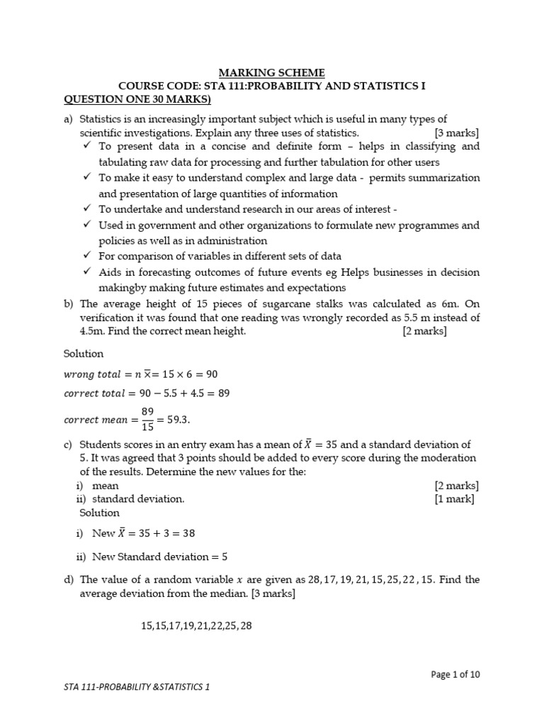 STA 111 Exam Sem1 2023 - 2024 Final Draft After Moderation Amrking Scheme Final | PDF ...