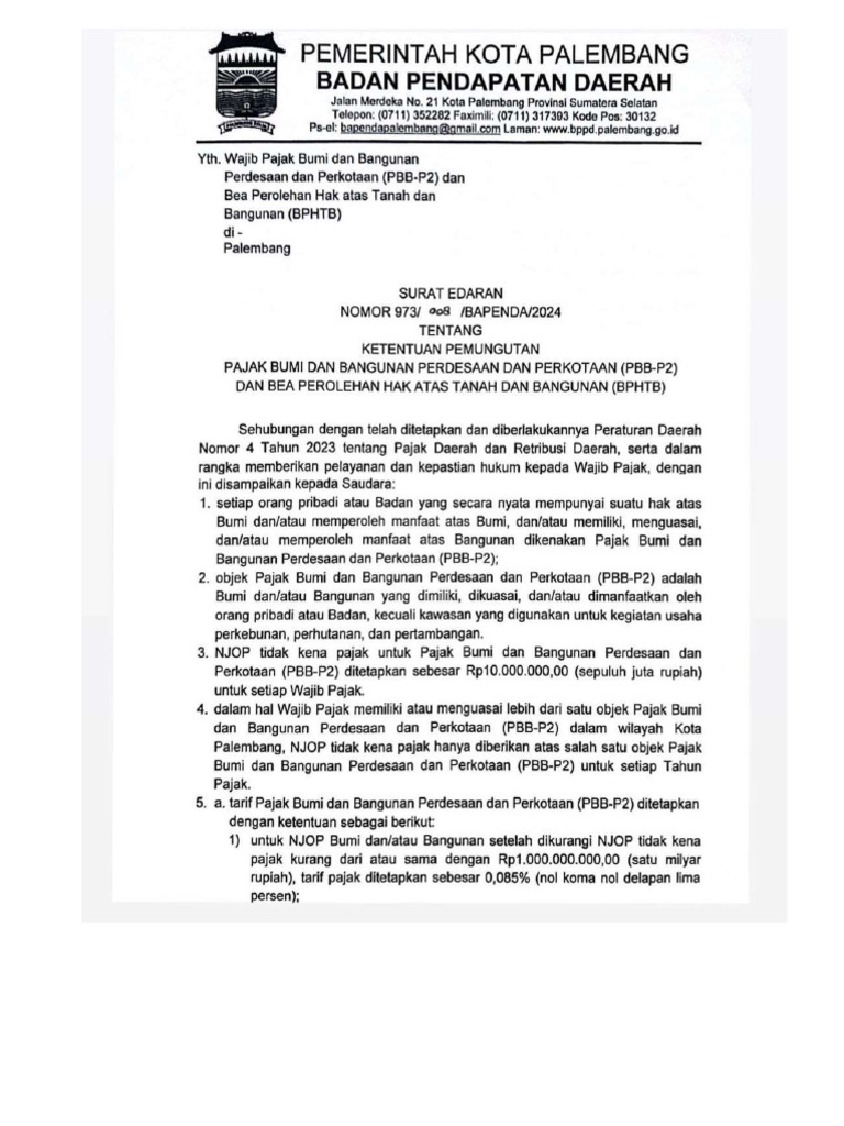 Surat Edaran PBB dan BPHTB 2024 Palembang | PDF