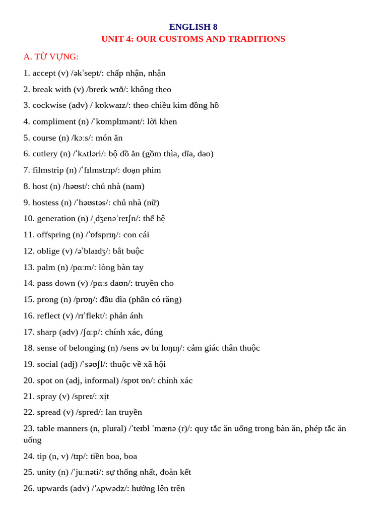 Bài Tập Anh 8 Theo Unit E8 UNIT 4 | PDF