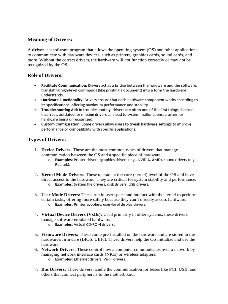 Drivers,Meaning, Role and Types | PDF | Device Driver | Operating System