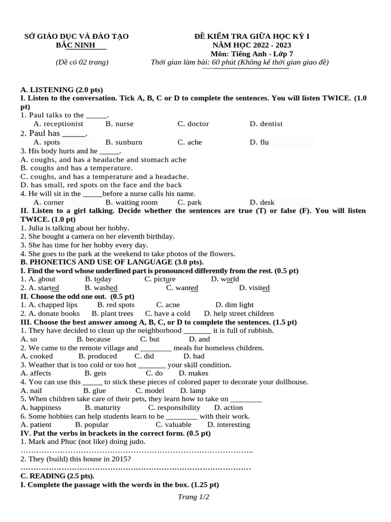 Đề Anh 7 GK1 2022-2023 | PDF