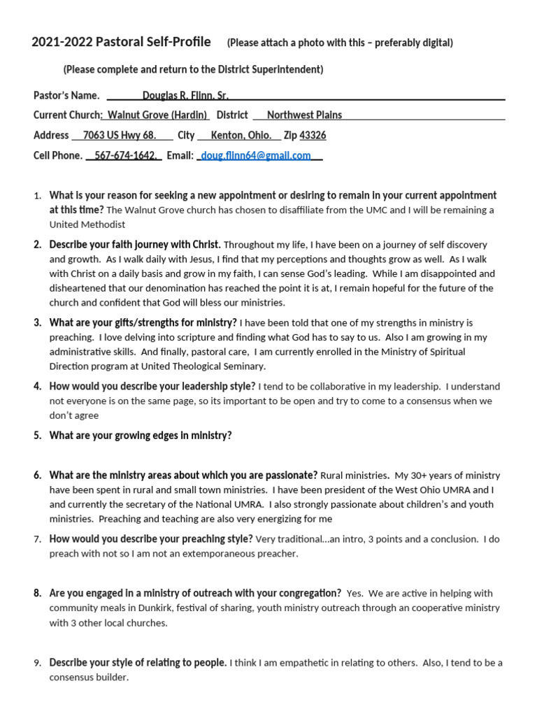 2021-2022 Pastoral Self-Profile form | PDF | United Methodist Church ...