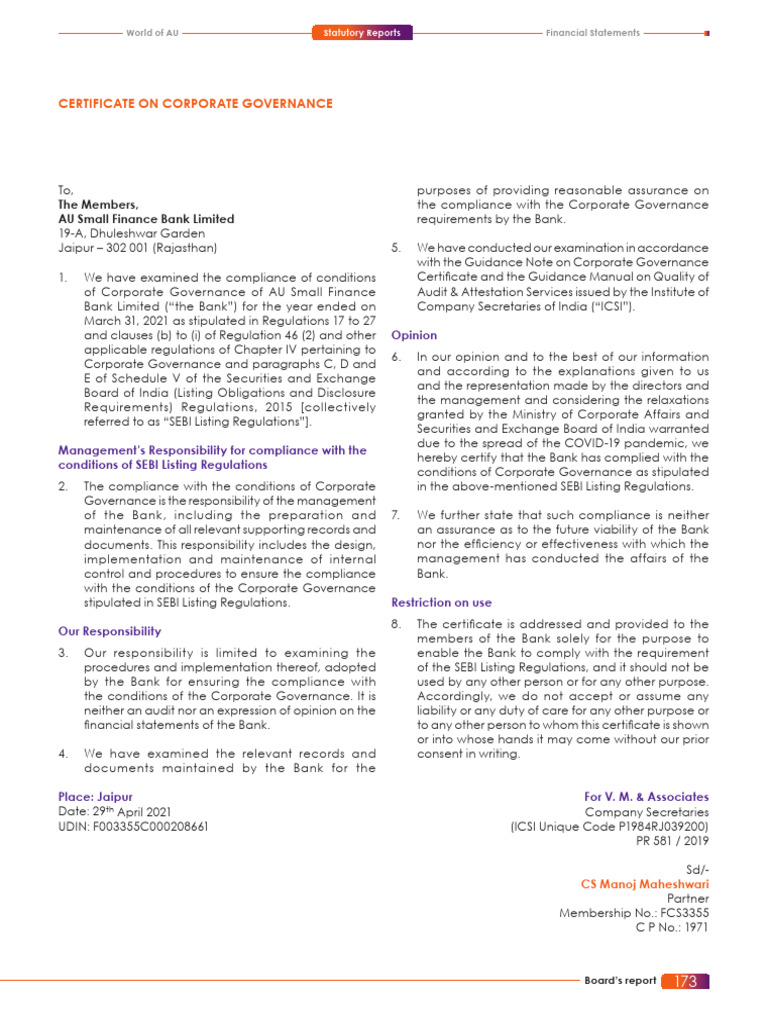 AU SFB IR21 Report On Corporate Governance | PDF | Governance | Audit