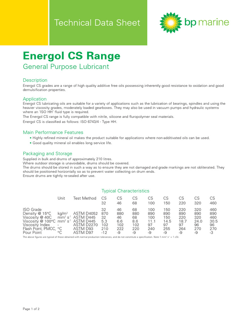 Energol CS 100 Technical Data Sheet | PDF | Lubricant | Viscosity
