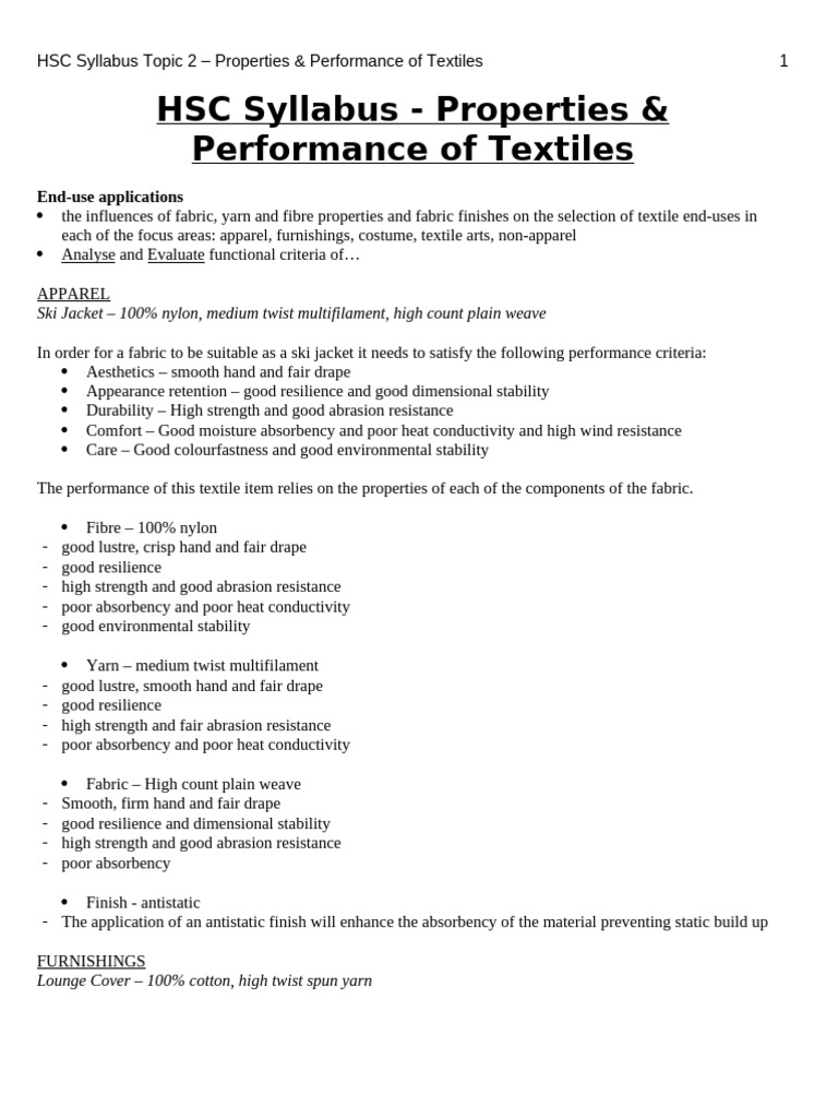 Textiles Design Notes - Properties Performance of Textiles | PDF ...