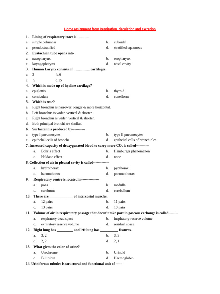 Home Assignment From Respiration, Circulation and Excretion XII ZOO ...