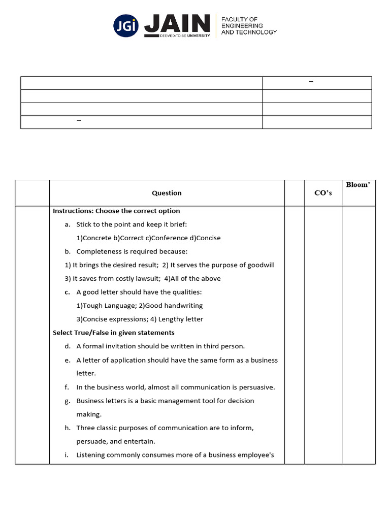 Business Communication Test Paper | PDF | Communication | Human ...