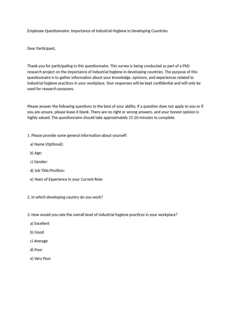 Employee Level Questionnaire 111 | PDF | Occupational Hygiene ...