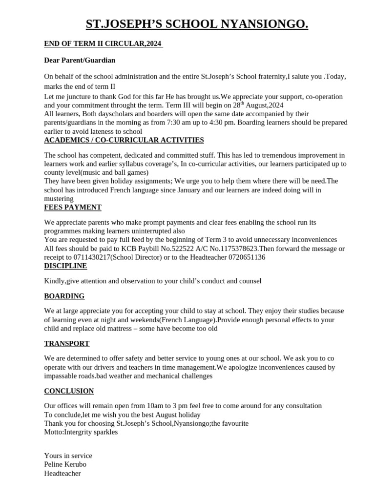 End of Term II Circular 2024 | PDF