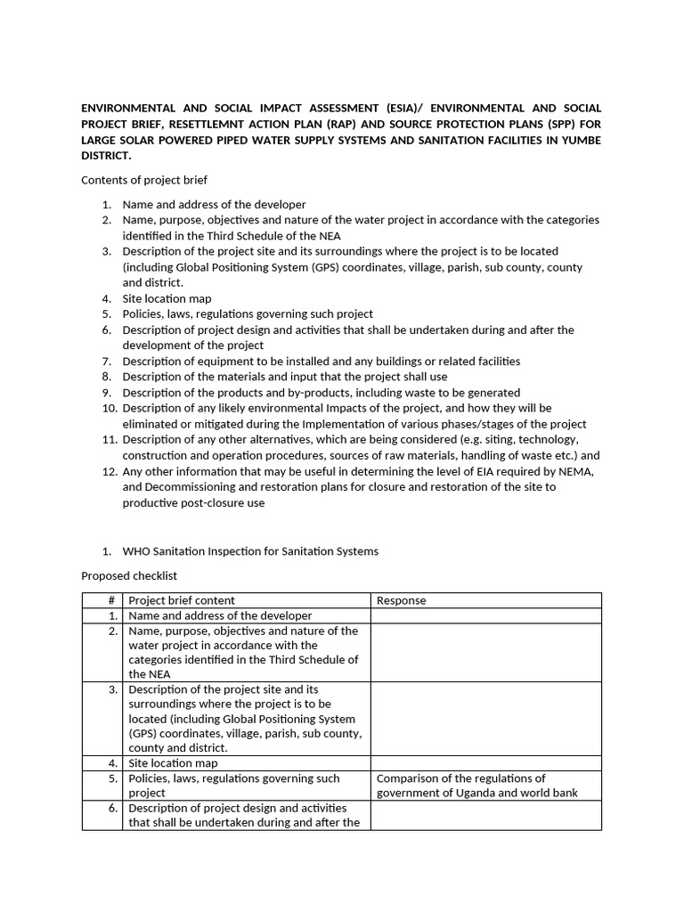 Draft Checklist For Inception Project Brief Yumbe | PDF | Water | Surface Runoff