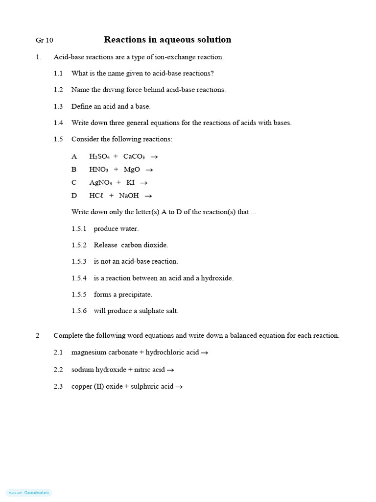 Reactions of Acids and Bases Worksheet | PDF | Chemical Reactions | Acid