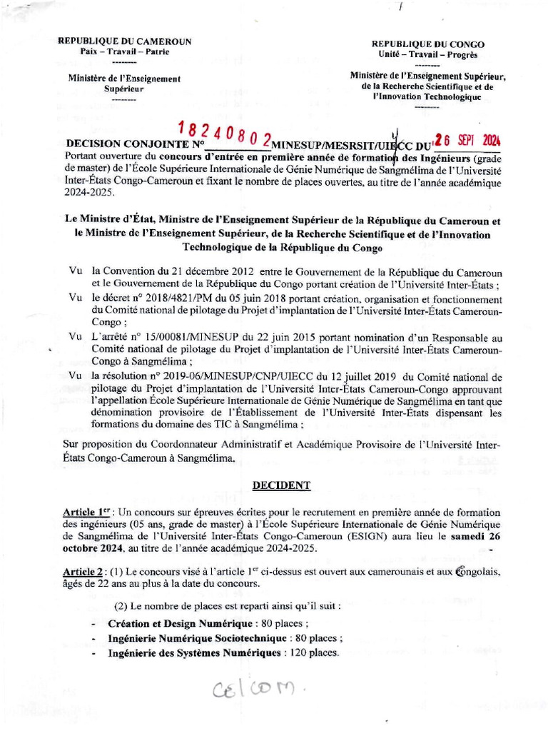 Concours ESIGN UIECC Sangmelima 2024 1ere Annee Formation Des ...