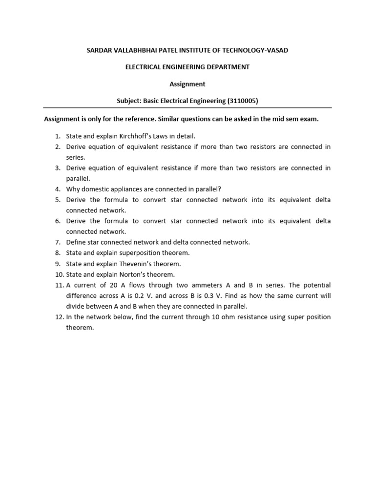 Basic Electrical Engineering Assignment Guide | PDF