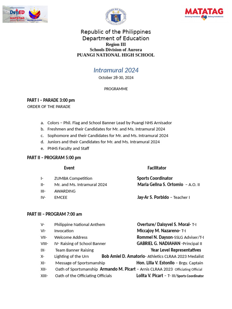 PNHS Intramural Program 2024 1 | PDF | Sports