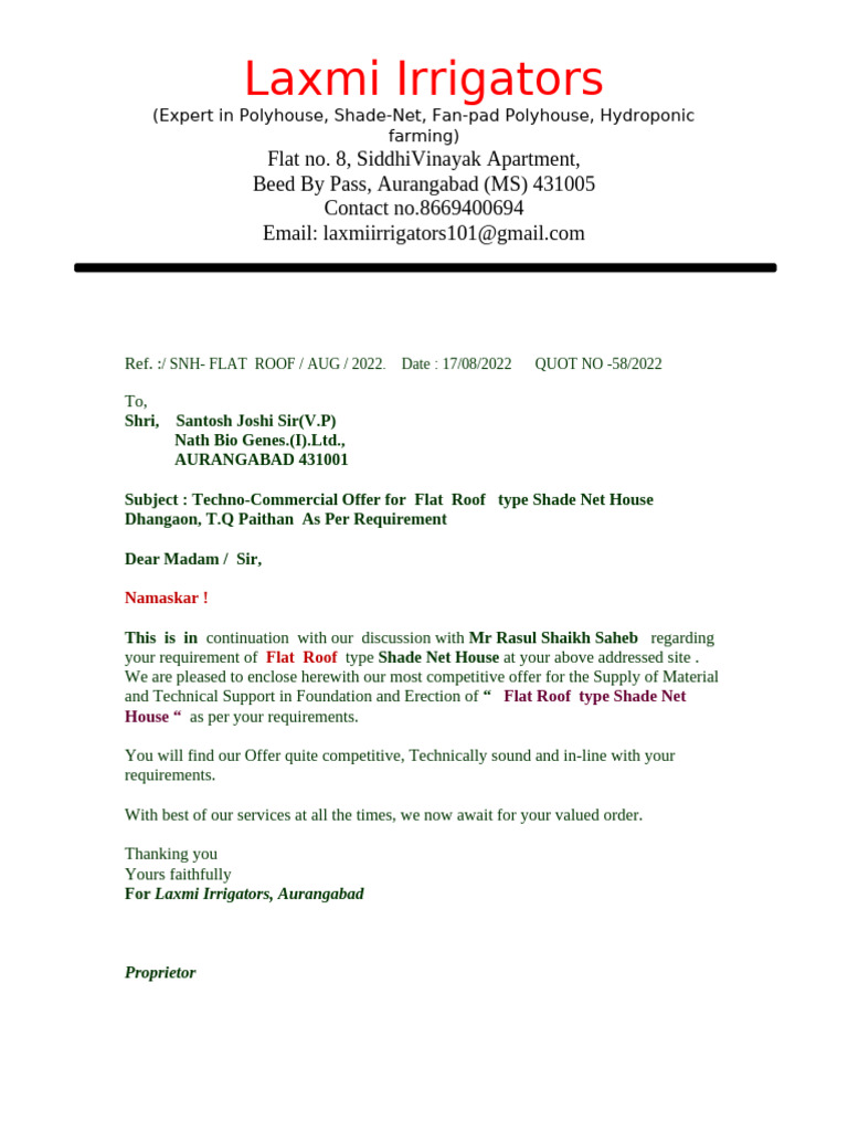 Techno-Commercial Offer for Shade Net House | PDF | Screw | Building Engineering