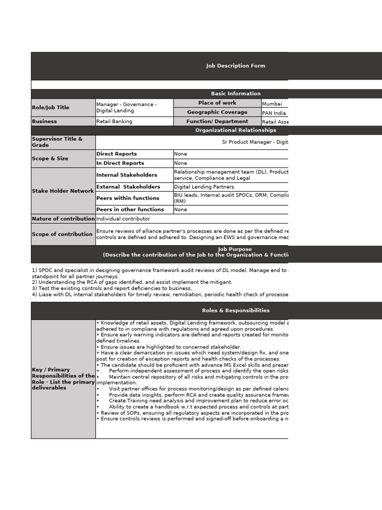 JD - Manager Governance - Digital Lending | PDF | Governance ...