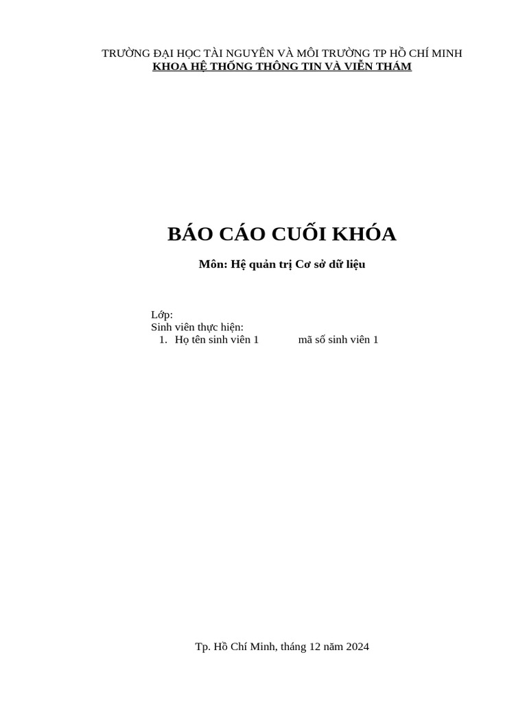 Mẫu BÁO CÁO CUỐI KHÓA - HQTCSDL - 2024 | PDF
