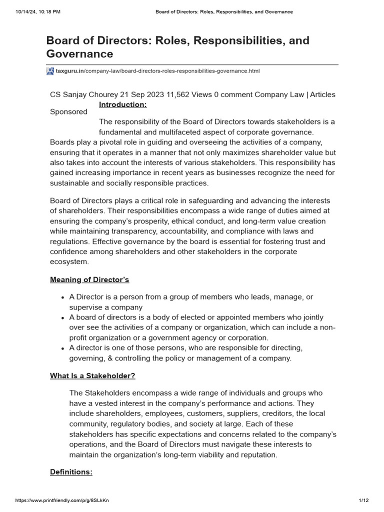 Board of Directors - Roles, Responsibilities, and Governance | PDF ...