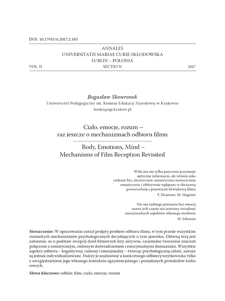Ciało, Emocje, Rozum - Raz Jeszcze o Mechanizmach Odbioru Filmu Body ...
