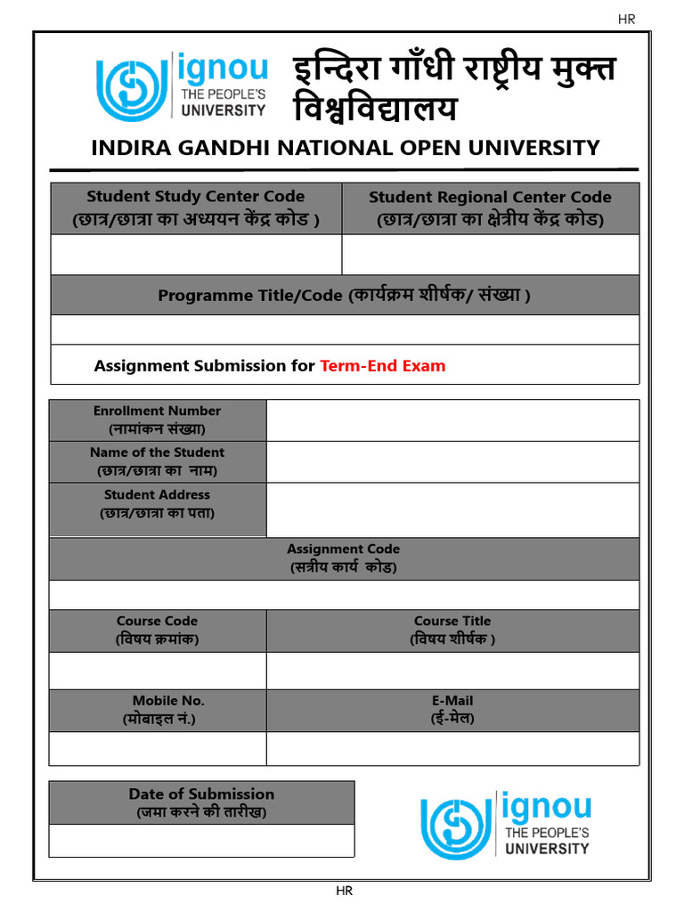 Front Page - IGNOU Assignment (Editable) | PDF