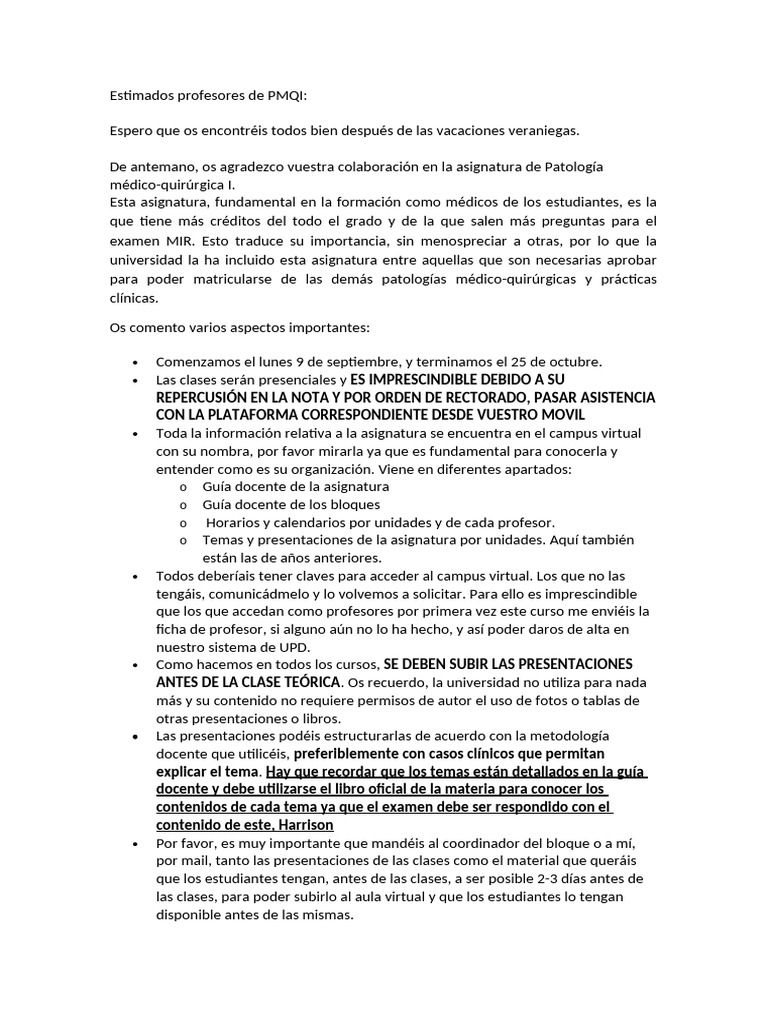 Bienvenida e Instrucciones Profesores de PMQI 24-25 2 | PDF