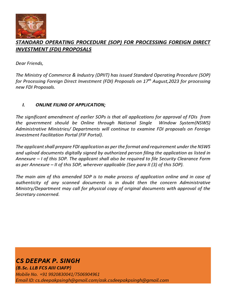 Standard Operating Procedure Sop For Processing Foreign Direct ...
