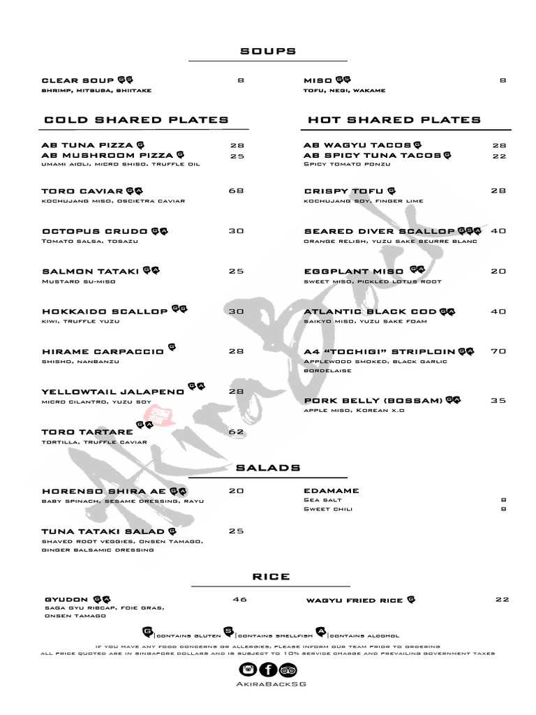 Akira Back SG Menu Highlights | PDF | Sushi | Foods
