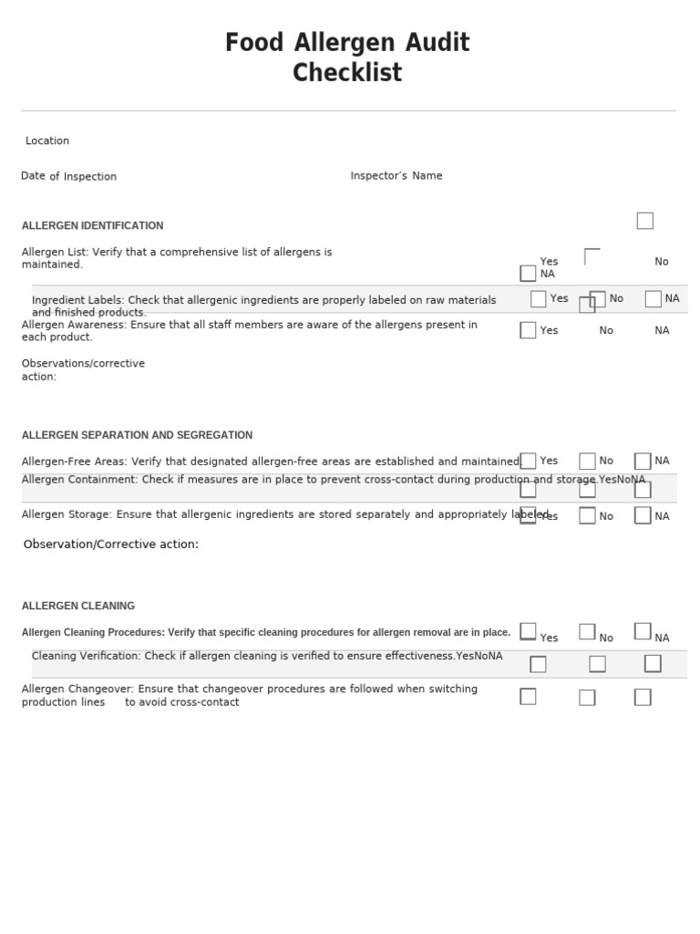 Food Allergen Control Checklist | PDF | Verification And Validation ...