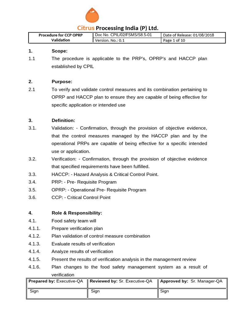 8.5.3 Procedure For CCP OPRP Validation | PDF | Verification And ...