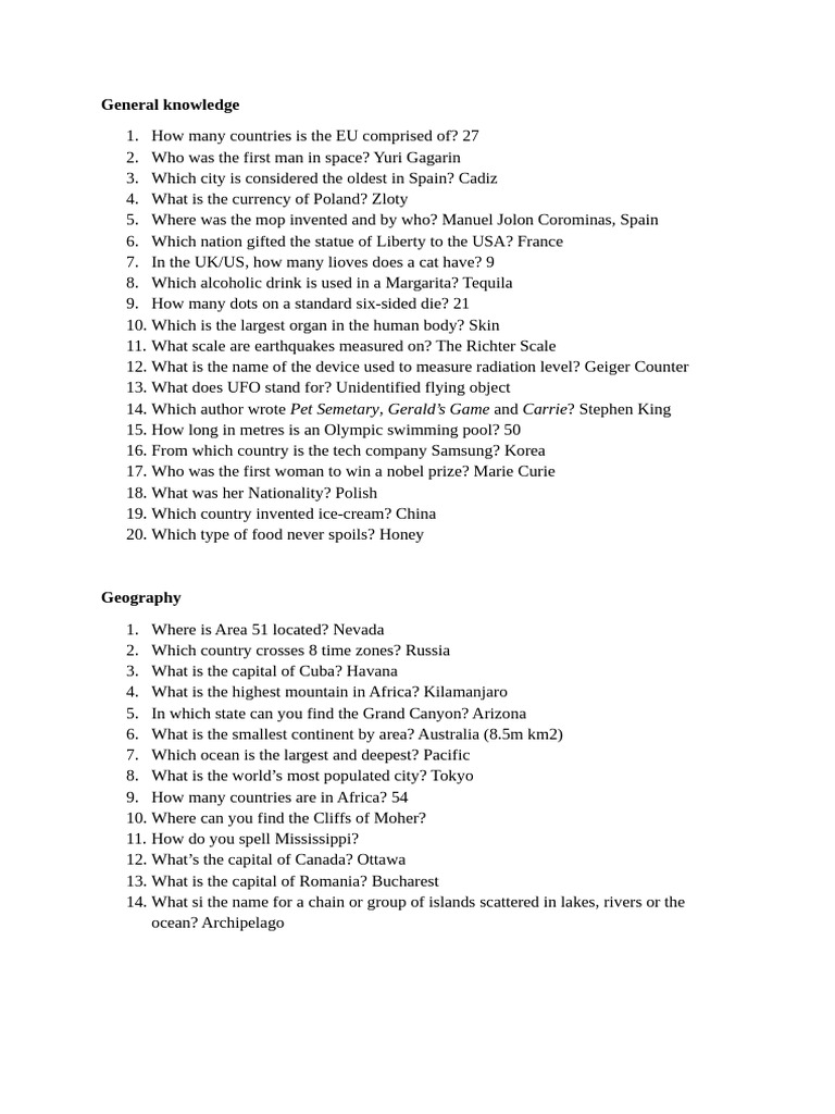 Class 4 General Knowledge Quiz | PDF | Young Adult