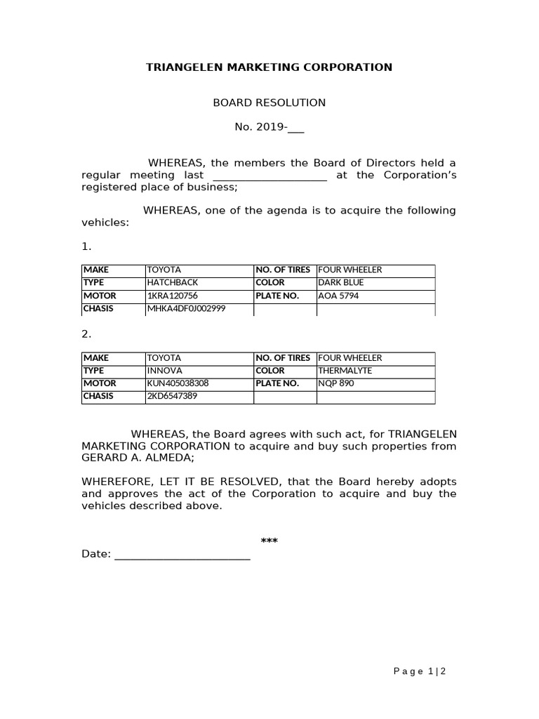 Board Resolution Sample | PDF | Finance & Money Management