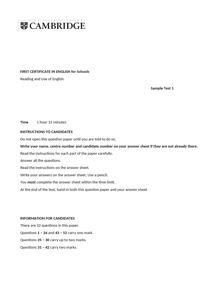 First FS - Reading and Use of English - Test 1 | PDF | Water | Ice