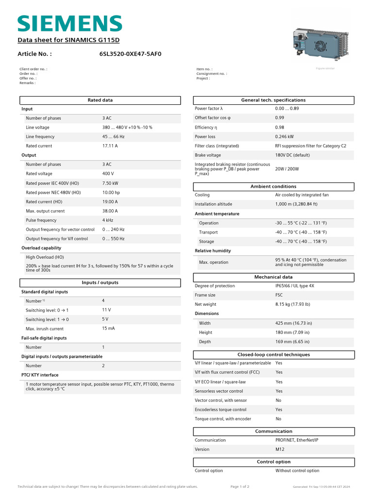 6SL3520-0XE47-5AF0_datasheet_en | PDF | Alternating Current | Electrical Engineering
