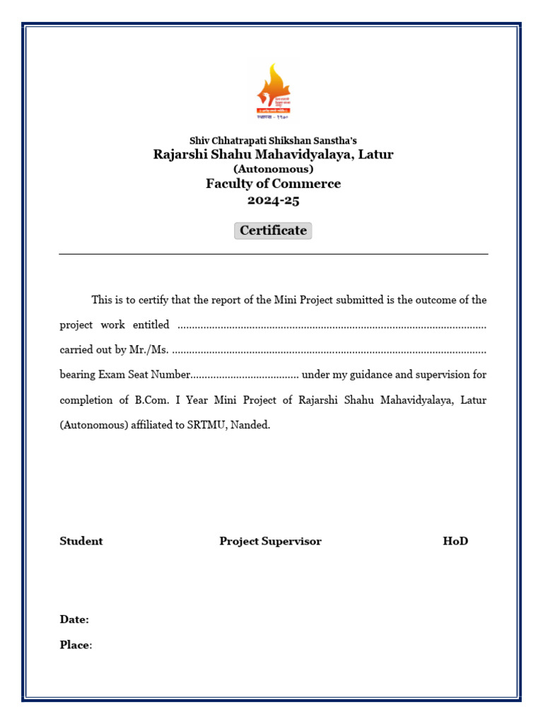 Certificate Page Format For Mini Project | PDF