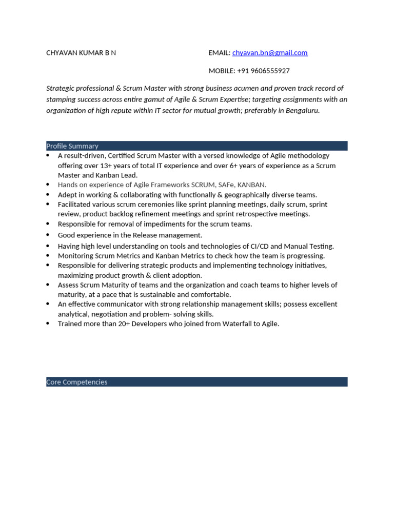Agile Scrum Master Profile Summary | PDF | Scrum (Software Development) | Agile Software Development