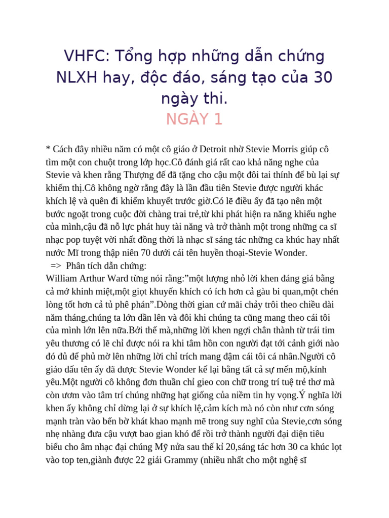 VHFC - Tổng hợp những dẫn chứng NLXH hay, độc đáo, sáng tạo của 30 ngày thi | PDF