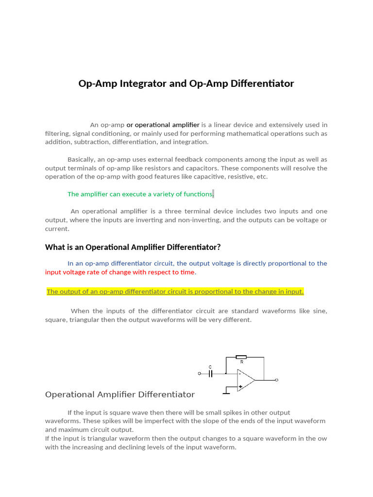 Op Amp Integrator Differentiator Pdf Operational Amplifier Amplifier