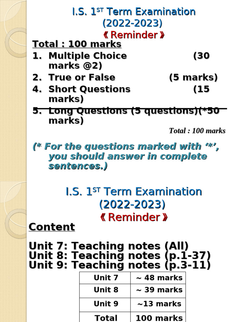 I.S. 1ST Term Examination (2022-2023) | PDF