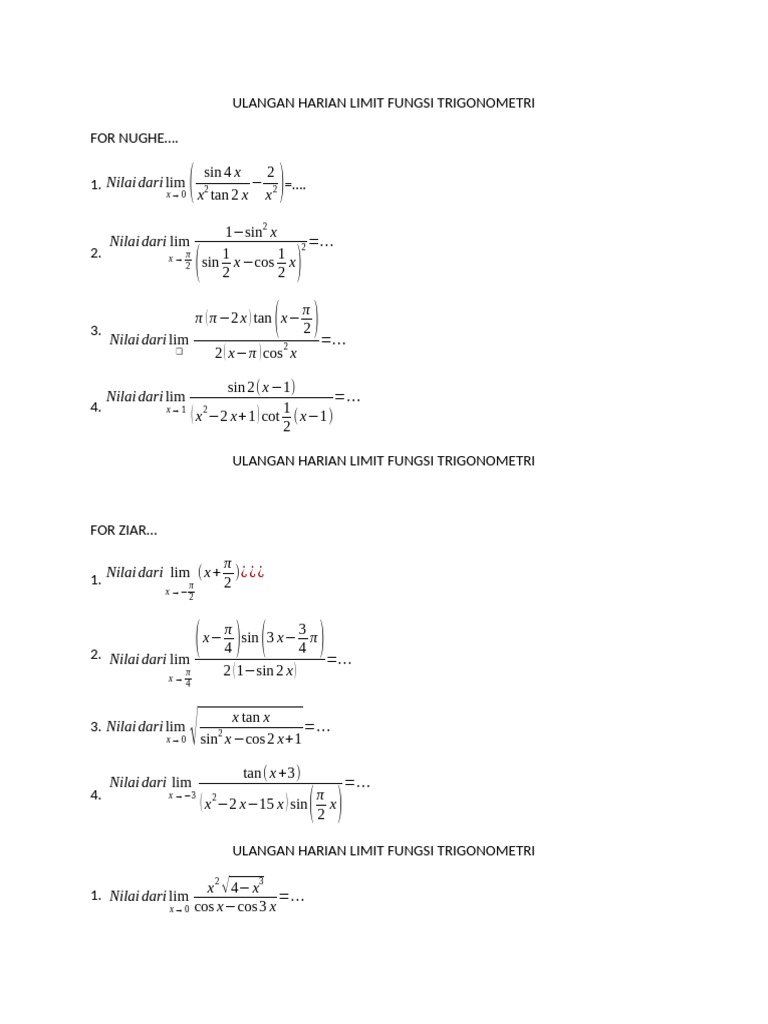 Ulangan Limit Fungsi Trigonometri | PDF
