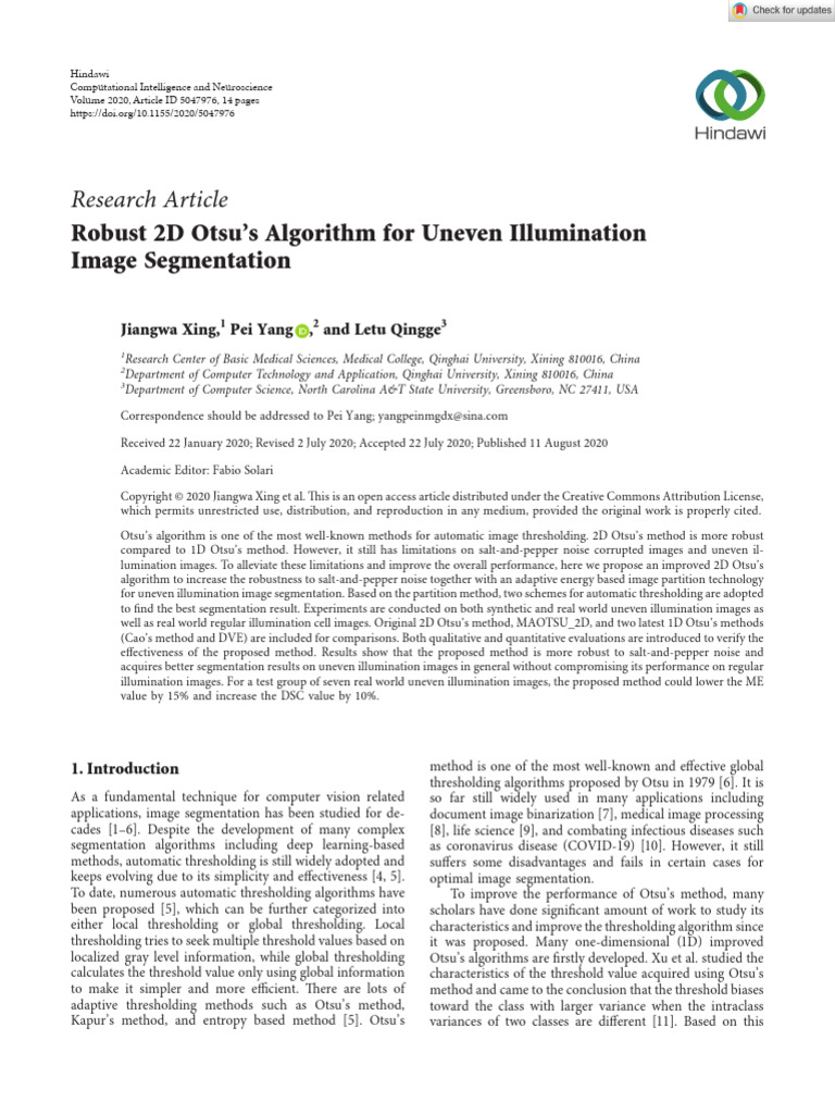 Computational Intelligence and Neuroscience - 2020 - Xing - Robust 2D ...
