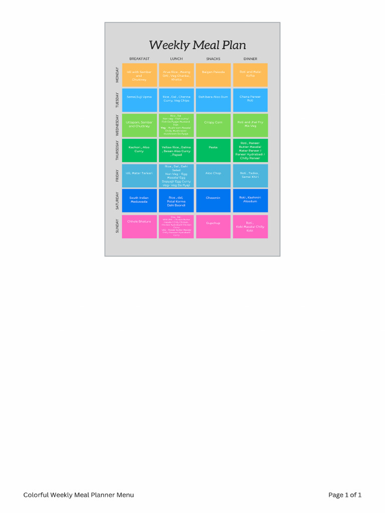 Colorful Weekly Meal Planner Menu | PDF