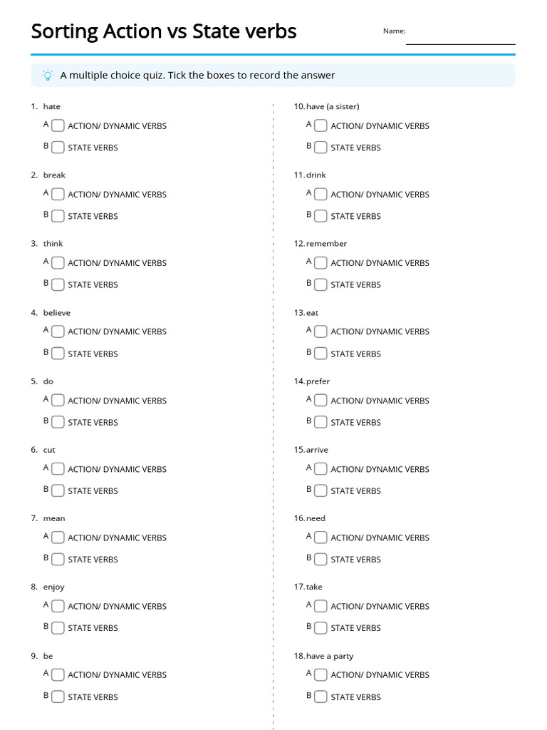 sorting-action-vs-state-verbs-quiz | PDF | Linguistics | Syntax