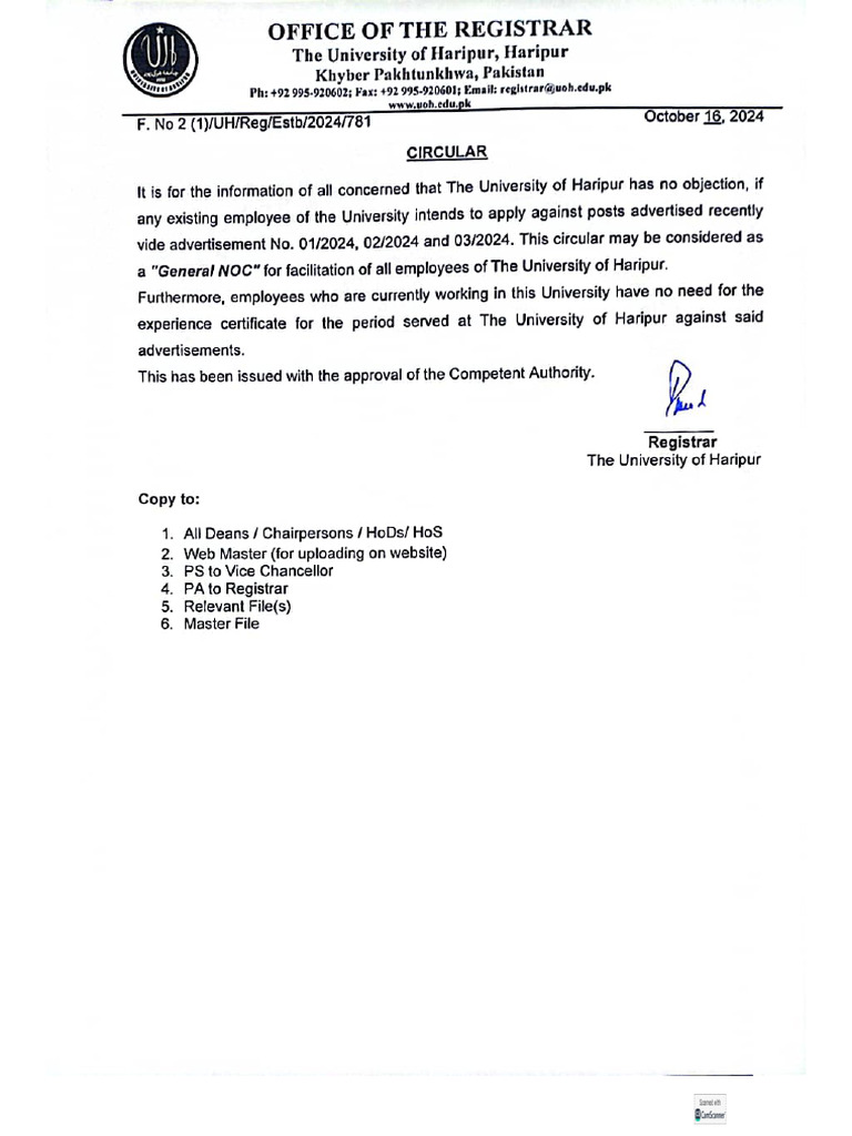 General NOC and Exemption of Experience Against Adv No 01,02,032024 | PDF