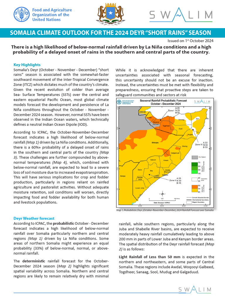 Somalia Seasonal Rainfall Outlook For Deyr 2024 | PDF | Rain | Sea ...