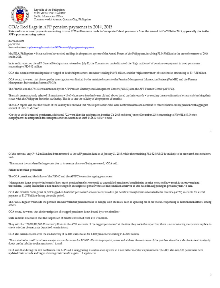 Red Flags in AFP Pension Payments in 2014, 2015 | PDF