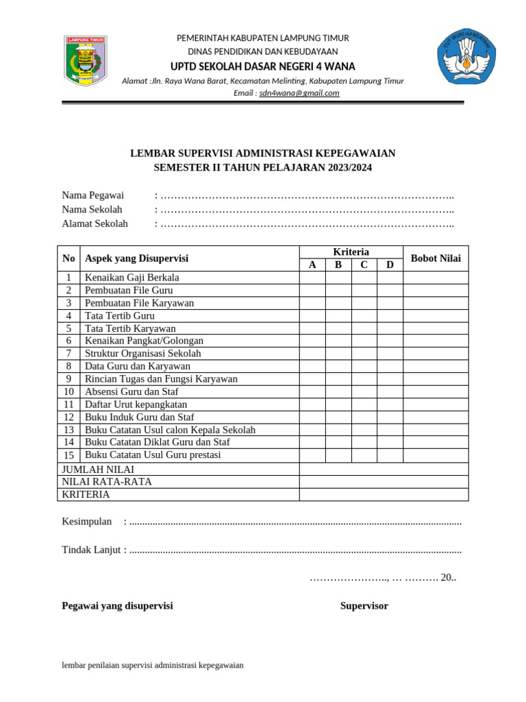 Lembar Penilaian Supervisi Administrasi Kepegawaian Guruabata - Web.id | PDF